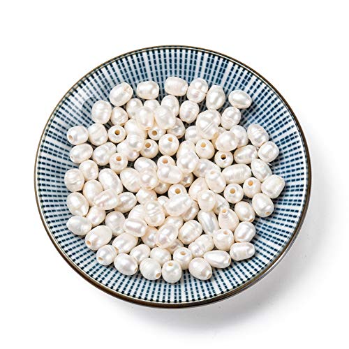 Beadthoven 100pcs 7-10mm Natural Oval Freshwater Pearl Beads 1.8mm Big Large Hole Rice Shape Pearls for Leather Cord Beading Jewelry Making DIY Crafts (White)