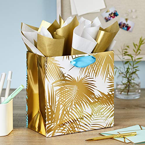 Hallmark Signature 7" Medium Gift Bag with Tissue Paper (Gold Palm Print) for Birthdays, Anniversaries, Weddings and More