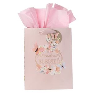 christian art gifts gift bag/tissue paper set abundantly blessed deuteronomy 7:13 bible verse, pink butterfly, medium