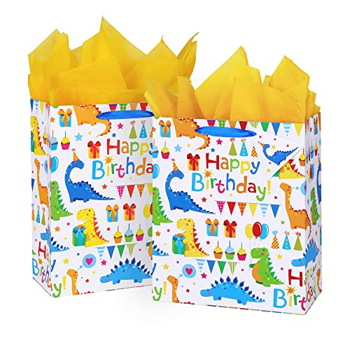 Aiikid 2 Pack Large Gift Bags with Tissue Paper 10.2 x 4.3 x 12.6 Inch Colorful Dinosaur Birthday Gift Bag Goodie Bags for Kids