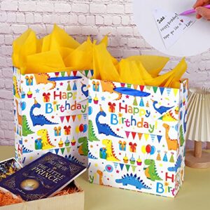 Aiikid 2 Pack Large Gift Bags with Tissue Paper 10.2 x 4.3 x 12.6 Inch Colorful Dinosaur Birthday Gift Bag Goodie Bags for Kids