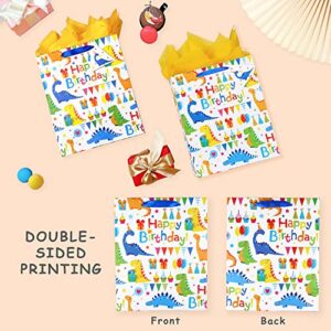 Aiikid 2 Pack Large Gift Bags with Tissue Paper 10.2 x 4.3 x 12.6 Inch Colorful Dinosaur Birthday Gift Bag Goodie Bags for Kids