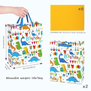 Aiikid 2 Pack Large Gift Bags with Tissue Paper 10.2 x 4.3 x 12.6 Inch Colorful Dinosaur Birthday Gift Bag Goodie Bags for Kids