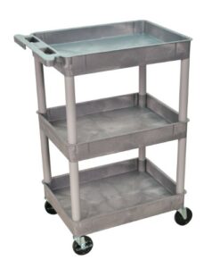 luxor/h.wilson three shelf rolling industrial utility tub cart with handle, gray, 24 in w x 18 in d x 39.25 in h