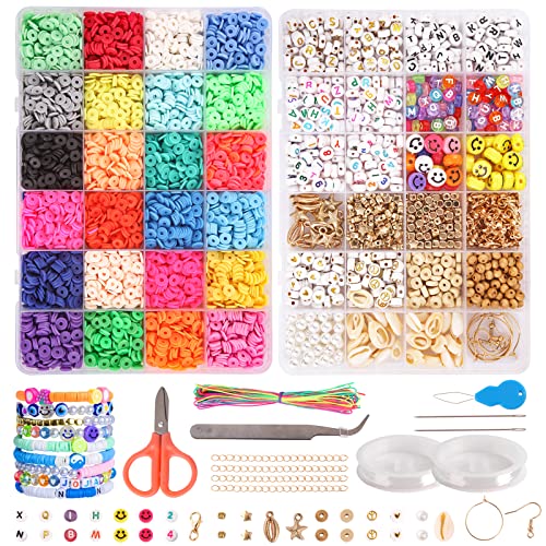 JOJANEAS Clay Beads for Bracelet Making Kits, 24 Colors 7200 Pcs Flat Round Polymer Heishi Beads, A-Z Smiley Letter Beads, Strings for Jewelry Making Kit Bracelets Necklace Gift for Girls 6-12