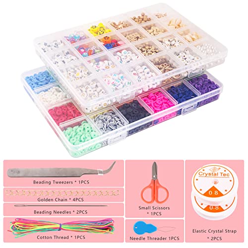 JOJANEAS Clay Beads for Bracelet Making Kits, 24 Colors 7200 Pcs Flat Round Polymer Heishi Beads, A-Z Smiley Letter Beads, Strings for Jewelry Making Kit Bracelets Necklace Gift for Girls 6-12