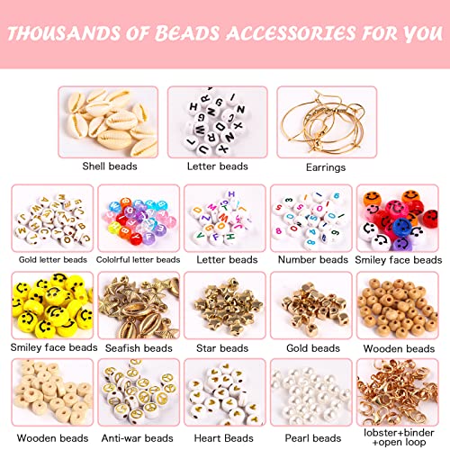 JOJANEAS Clay Beads for Bracelet Making Kits, 24 Colors 7200 Pcs Flat Round Polymer Heishi Beads, A-Z Smiley Letter Beads, Strings for Jewelry Making Kit Bracelets Necklace Gift for Girls 6-12