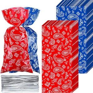 sumind 100 pieces plastic candy bags red blue western party treat bags, bandana cellophane goodie favor bags with 100 silver twist ties for kids western cowboy birthday party supplies