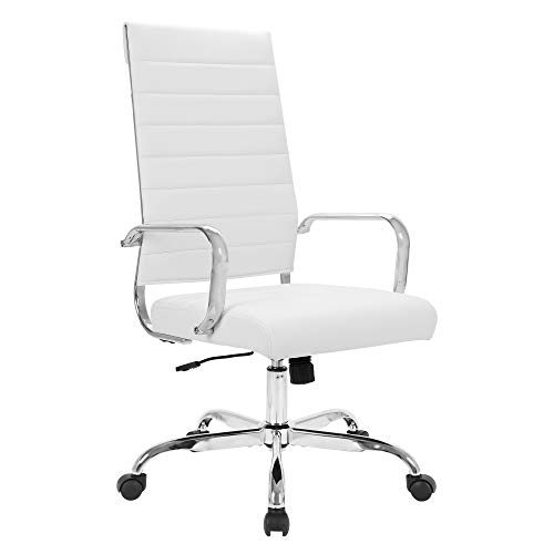 LANDSUN Home Office Chair Ribbed Leather High Back Executive Swivel Computer Desk Chairs with Wheels and Armrests Soft Padded Adjustable Height Modern Conference Chrome White