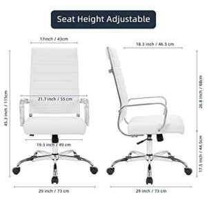 LANDSUN Home Office Chair Ribbed Leather High Back Executive Swivel Computer Desk Chairs with Wheels and Armrests Soft Padded Adjustable Height Modern Conference Chrome White