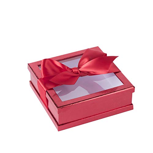 Hammont Clear Window Gift Boxes - 3 Pack - Multipurpose Bakery Boxes with Ribbon | Treat Boxes Perfect for Party Favors, Cookies and Cupcakes (Red, 6” x 6” x 2”)