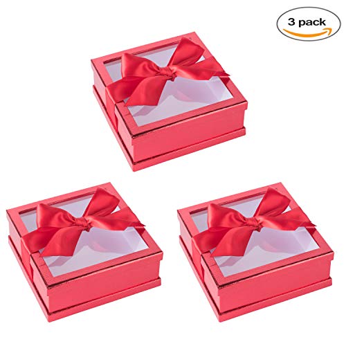 Hammont Clear Window Gift Boxes - 3 Pack - Multipurpose Bakery Boxes with Ribbon | Treat Boxes Perfect for Party Favors, Cookies and Cupcakes (Red, 6” x 6” x 2”)