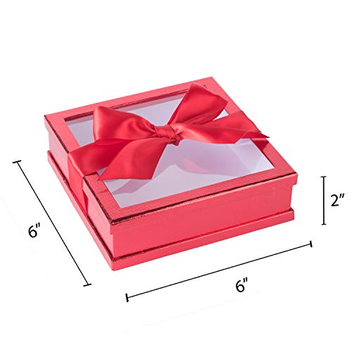 Hammont Clear Window Gift Boxes - 3 Pack - Multipurpose Bakery Boxes with Ribbon | Treat Boxes Perfect for Party Favors, Cookies and Cupcakes (Red, 6” x 6” x 2”)