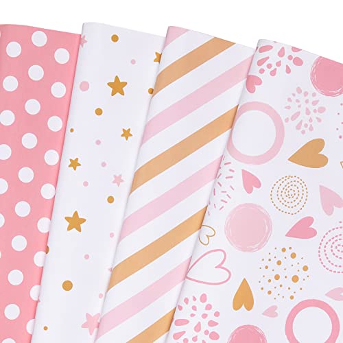 PlandRichW Birthday Wrapping Paper Folded for Girls, Women, Baby, Pink Wrapping Paper, Pink Gift Wrap for Birthday, Valentines, Christmas, Wedding, Baby Shower, Pre-cut 12 Sheets Each 20"X 29"