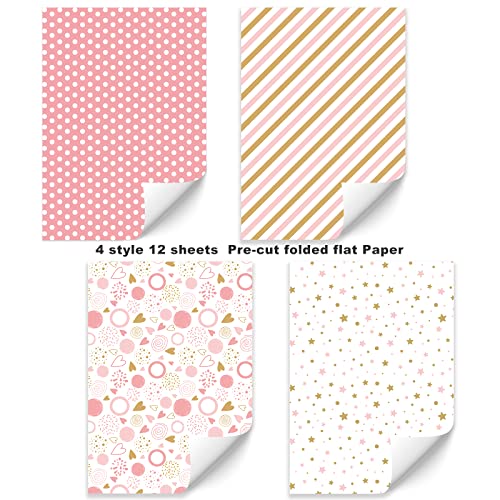 PlandRichW Birthday Wrapping Paper Folded for Girls, Women, Baby, Pink Wrapping Paper, Pink Gift Wrap for Birthday, Valentines, Christmas, Wedding, Baby Shower, Pre-cut 12 Sheets Each 20"X 29"