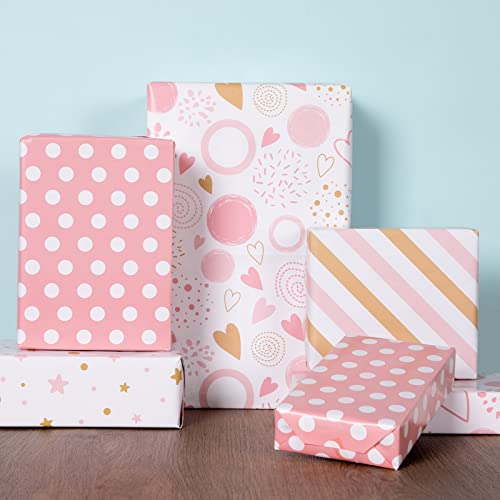 PlandRichW Birthday Wrapping Paper Folded for Girls, Women, Baby, Pink Wrapping Paper, Pink Gift Wrap for Birthday, Valentines, Christmas, Wedding, Baby Shower, Pre-cut 12 Sheets Each 20"X 29"