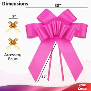 Zoe Deco Big Car Bow (Pink, 30 inch) with 2 Gold Accessory Bows, Giant Presents, Girl Party, Lady Surprise Party, Wedding Reception, Birthday, Christmas Bows for Car, Gift Bow, Car Bow Giant