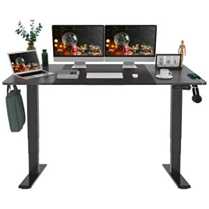 flexispot ep4 classic electric standing desk 63″x30″ inches dual motor 3 stages height adjustable desk stand up desk with usb charging port and hooks sit stand desk, black frame & black/greystone top