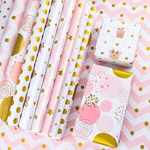 plulon 6 sheets gold and pink birthday gift wrapping paper, gold pink gift wrap paper for wedding, birthdays, hen party, baby shower decorations