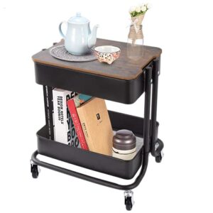 2 Tier Metal Utility Rolling Cart Storage Organizer with Cover Board, Mobile Trolley Sofa Side Table with Wheels for Office Home Kitchen Organization, Black