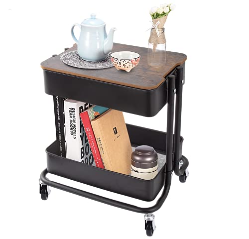 2 Tier Metal Utility Rolling Cart Storage Organizer with Cover Board, Mobile Trolley Sofa Side Table with Wheels for Office Home Kitchen Organization, Black