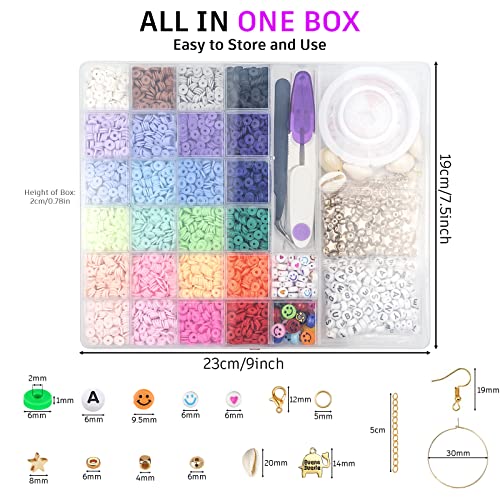 Gionlion 6000 Pcs Clay Beads for Bracelet Making, 24 Colors Flat Round Polymer Clay Beads 6mm Spacer Heishi Beads with Pendant Charms Kit and Elastic Strings for Jewelry Making Kit Bracelets Necklace