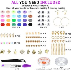 Gionlion 6000 Pcs Clay Beads for Bracelet Making, 24 Colors Flat Round Polymer Clay Beads 6mm Spacer Heishi Beads with Pendant Charms Kit and Elastic Strings for Jewelry Making Kit Bracelets Necklace