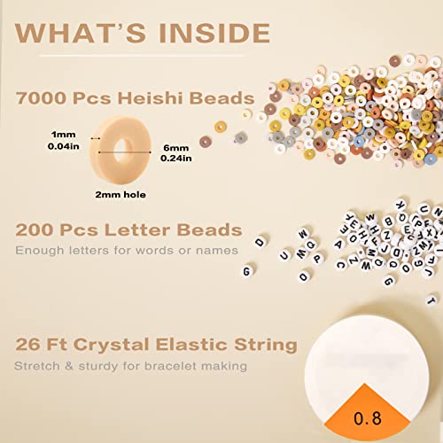 Clay Beads 7200 Pcs Bracelet Making Kit, 20 Neutral Colors 6mm Flat Polymer Clay Beads Kit for Bracelets Jewelry Making, Disc Heishi Beads Set with Letter Beads DIY Craft Gift for Adults Girls Kids