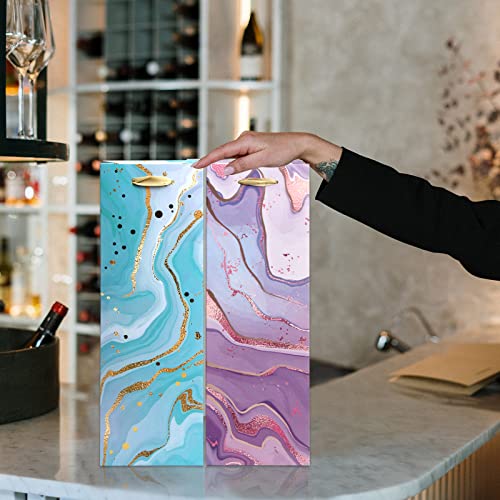 ceiba tree Wine Gift Bags Holiday Gift Paper Bags Set Heavy-Duty Home Wedding Birthday Party Favor Reusable Marble Gold Foil Wine Wrapping Bags with Handles 12Pcs