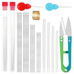 uoou 28 pcs beading needles set include 20 pcs long straight beading thread needles + 8 pcs big eye beading needles, embroidery needles with needle bottle, thimble, needle threaders for jewelry making