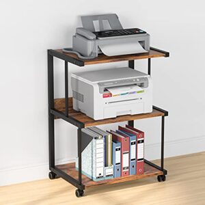 tribesigns 3-shelf printer stand with storage, rolling printer table machine cart with wheels, mobile desk organizer shelves for office and home (rustic brown)