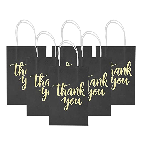 DjinnGlory 100 Pack Small Black Thank You Paper Gift Bags with Handles for Small Business, Shopping, Wedding, Baby Shower, Party Favors (9''x5.5''x3.15'', Black)