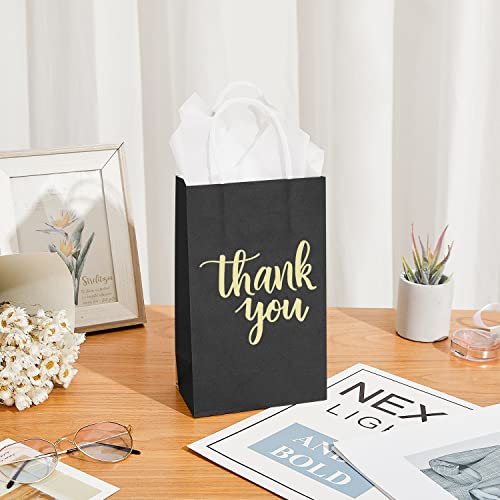 DjinnGlory 100 Pack Small Black Thank You Paper Gift Bags with Handles for Small Business, Shopping, Wedding, Baby Shower, Party Favors (9''x5.5''x3.15'', Black)