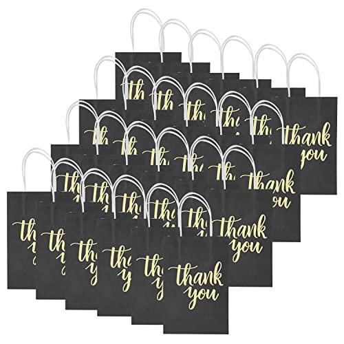 DjinnGlory 100 Pack Small Black Thank You Paper Gift Bags with Handles for Small Business, Shopping, Wedding, Baby Shower, Party Favors (9''x5.5''x3.15'', Black)