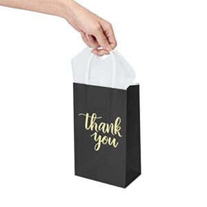 DjinnGlory 100 Pack Small Black Thank You Paper Gift Bags with Handles for Small Business, Shopping, Wedding, Baby Shower, Party Favors (9''x5.5''x3.15'', Black)