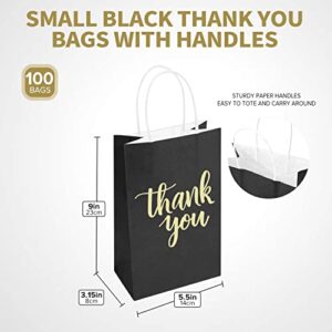 DjinnGlory 100 Pack Small Black Thank You Paper Gift Bags with Handles for Small Business, Shopping, Wedding, Baby Shower, Party Favors (9''x5.5''x3.15'', Black)