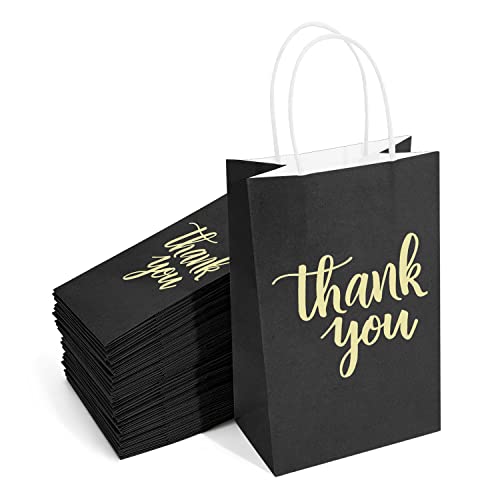 DjinnGlory 100 Pack Small Black Thank You Paper Gift Bags with Handles for Small Business, Shopping, Wedding, Baby Shower, Party Favors (9''x5.5''x3.15'', Black)