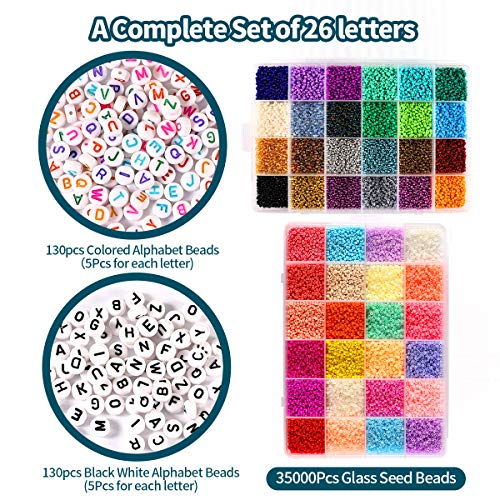 35000pcs 2mm 12/0 Glass Seed Beads for Jewelry Making Supplies Kit Small Bead Craft Set Bracelets Necklace Ring Making Kits Glass Seed Letter Alphabet Beads Charms Pendants DIY Art Craft Kit for Girls