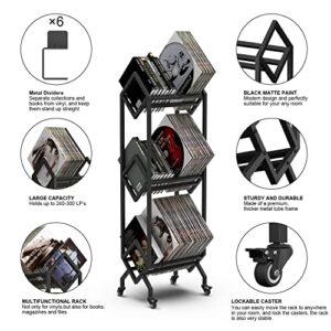 Simoretus 3 Tier Vinyl Record Storage Rack, Mobile Black Metal LP Storage Display Stand with Casters, Large Capacity Record Holder for Albums, Books, Magazines, and Office Files