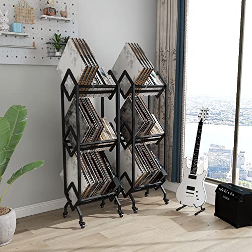 Simoretus 3 Tier Vinyl Record Storage Rack, Mobile Black Metal LP Storage Display Stand with Casters, Large Capacity Record Holder for Albums, Books, Magazines, and Office Files