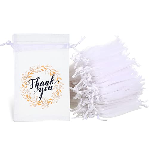 100 Pieces Thank You Bags Sheer Organza Bags, Small Jewelry Present Bags with Drawstring, 4 x 6 Mesh Wedding Party Favor Bags for Sachet, Jewelry, Candy, Soap, Makeup Organza Tulle Favor Bags (White)