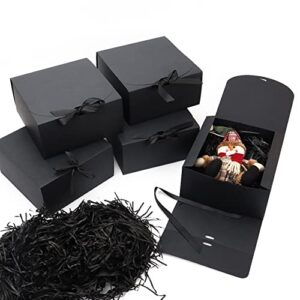 decorative gift boxes with ribbon and shredded paper fill, 5 pack 8x8x4″ gift boxes with lids for presents bridesmaid proposal box, folded paper gift box for birthday, christmas, wedding, party favor, holiday (black)