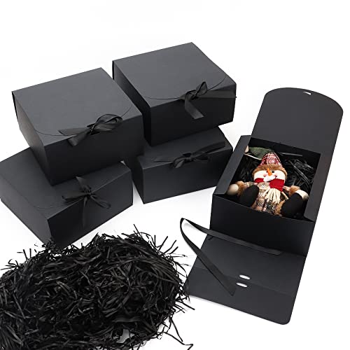 Decorative Gift Boxes with Ribbon and Shredded Paper Fill, 5 Pack 8x8x4" Gift Boxes With Lids for Presents Bridesmaid Proposal Box, Folded Paper Gift Box for Birthday, Christmas, Wedding, Party Favor, Holiday (Black)