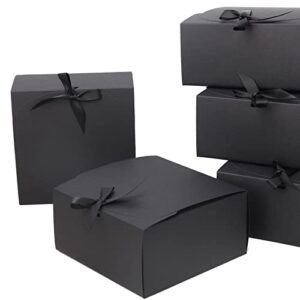 Decorative Gift Boxes with Ribbon and Shredded Paper Fill, 5 Pack 8x8x4" Gift Boxes With Lids for Presents Bridesmaid Proposal Box, Folded Paper Gift Box for Birthday, Christmas, Wedding, Party Favor, Holiday (Black)