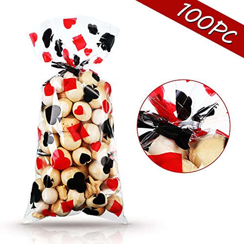 100 Pieces Casino Party Cellophane Treat Bags, Black Red Las Vegas Poker Party Plastic Candy Bags Goodie Favor Bags with 100 Silver Twist Ties for Casino Themed Poker Birthday Party Supplies