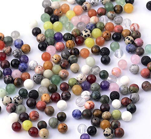 Natural Stone Beads 200pcs Mixed 8mm Round Genuine Real Stone Beading Loose Gemstone Hole Size 1mm DIY Charm Smooth Beads for Bracelet Necklace Earrings Jewelry Making (Stone Beads Mix 200pcs)