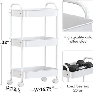 3 Tier Metal Rolling Utility Cart with Caster Wheels, Rolling Storage Cart Organizer Craft Cart with Handle Kitchen Cart for Bathroom Shelves Laundry Office Balcony Living Room Organization White