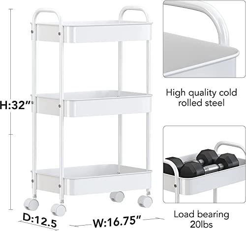 3 Tier Metal Rolling Utility Cart with Caster Wheels, Rolling Storage Cart Organizer Craft Cart with Handle Kitchen Cart for Bathroom Shelves Laundry Office Balcony Living Room Organization White