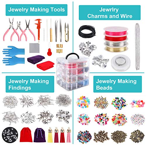 Jewelry Making Kit, 2062 pcs DIY Making Supplies for Bracelet, Necklace, Earrings Making, Great Gift for Girls and Adults with Beads,Jewelry Charms Findings,Pearl,Spacer Beads Wire Cord Pliers Caliper