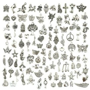 wholesale bulk lots jewelry making silver charms mixed smooth tibetan silver metal charms pendants diy for necklace bracelet jewelry making and crafting, jialeey 100 pcs